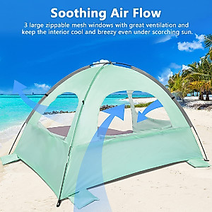 NXONE Beach Tent Sun Shade Shelter for 2-3 Person with UV Protection, Extended Floor, 3 Mesh Roll Up Windows & 8.0mm Fiberglass Rods丨Carry Bag Included (Mint Green)