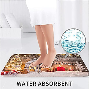 YRIGSUN 5 Pcs Wood Light Snow Christmas Tree Decor Merry Christmas Shower Curtain Sets with Rugs and Towels, Toilet Lid Cover, Bath Mat Festive Colorful Xmas Elements Bathroom Set