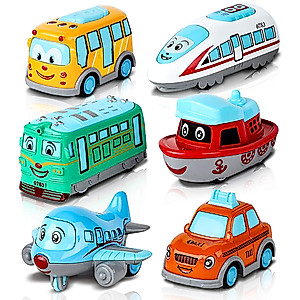 ArtCreativity Metal Cartoon Car Set - Set of 6 Mini Pullback Toy Cars - Pullback Train, Bus, Taxi, Tram, Plane and Ship - Party Favors, Best Birthday Gift for Boys, Girls, Toddlers