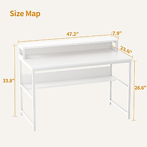 Cubiker 47 Inch Computer Desk with Storage, Home Office Desk with Monitor Stand and Storage Shelves, Modern Study Writing Desk, White