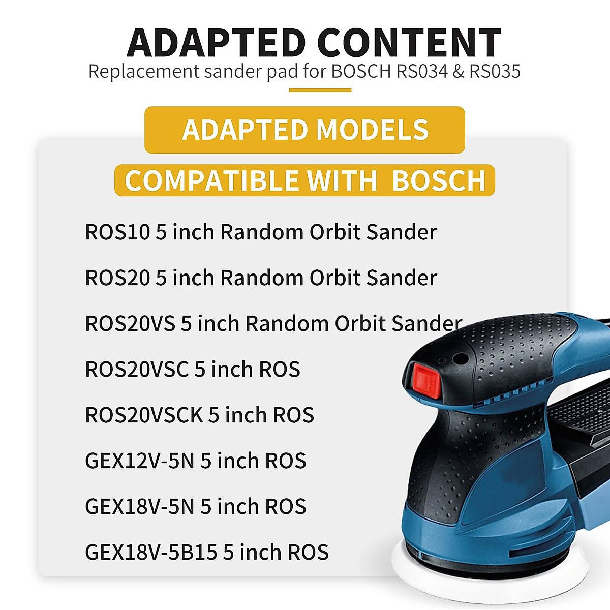 Sander Pad for Bosch, 2PCS 5 Inch Hook-and-Loop Orbital Sander Replacement Pad for Bosch RS034 & RS035 Compatible with Bosch ROS20 ROS20VS ROS20VSC ROS20VSK GEX12V GEX18V ROS10 Orbital Sander