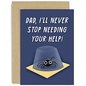 Old English Co. Funny Father's Day Card for Dad - Cute Never Stop Needing Dads Help from Son or Daughter - Catching Spider Design - Fun Card for Dad Birthday | Blank Inside with Envelope