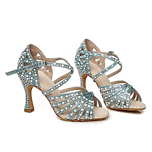SWDZM Rhinestone Latin Dance Shoes for Women Ballroom Salsa Chacha Professional Performance Practice Dancing Shoes,YCL429-Blue-9,US 9