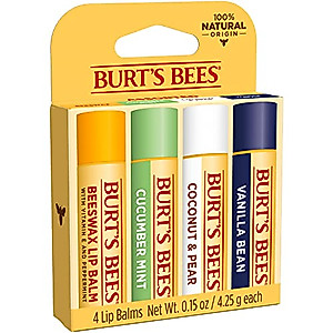 Burt's Bees Lip Balm Easter Basket Stuffers, Moisturizing Lip Care Spring Gift, for All Day Hydration, 100% Natural, Original Beeswax, Cucumber Mint, Coconut & Pear & Vanilla (4 Pack)