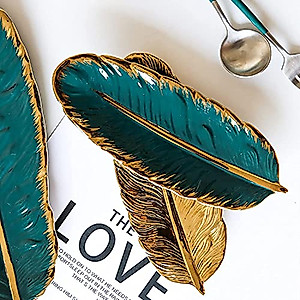 Organizer Tray Feather Trinket Dish Ceramic Jewelry Dish Organizer Vanity Dressers Tray for Bathroom Closets Tray Desk Ornate Jewelry-Green