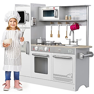 Play Kitchen - Wooden Kitchen Playset for Toddlers and Big Kids - Mini Pretend Toy for Boys and Girls with Cooking Stove, Oven, Pots, Pans, Phone, Microwave, Fridge, Sink, Utensils - Ages 3-8
