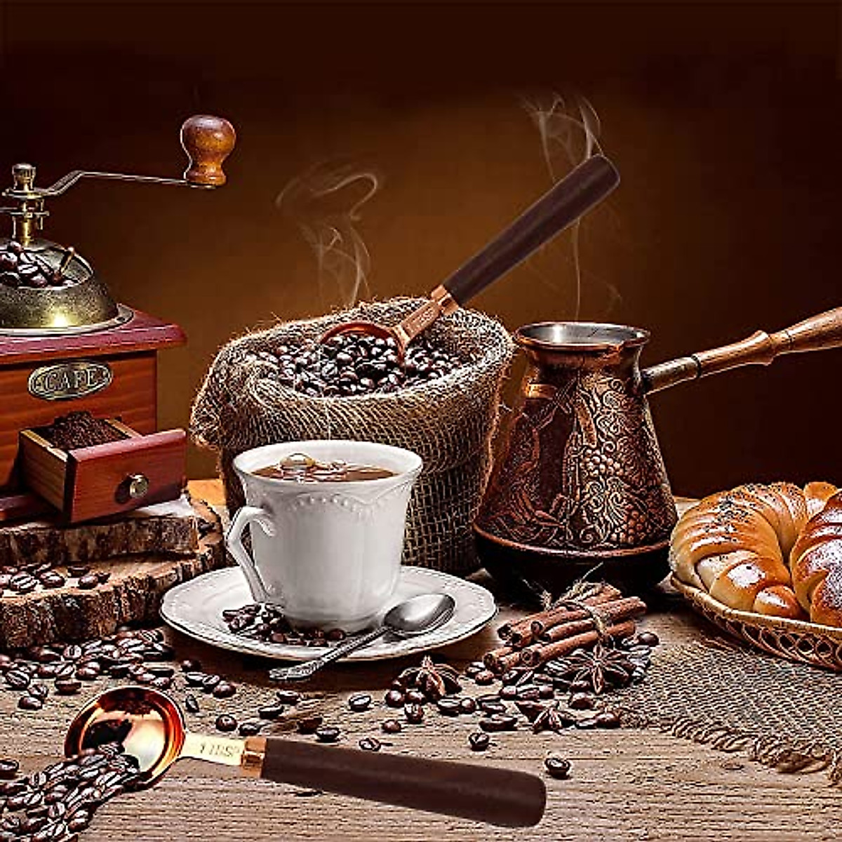 Stainless Steel Measuring Spoons, Long Wooden Handle Coffee Scoop, Kitchen Utensil for Fitting in Spice Jars, Scooping, Measuring & Serving, Tablespoon, Rose Gold Tea Spoon, Set of 4