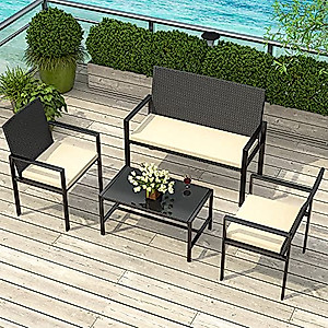 Bigzzia Patio Furniture Set, 4 Pcs Outdoor Conversation Furniture, Includes 2 Rattan Chairs and 1 Loveseat, 1 Tempered Glass Table, with Extra Cushions, Garden Furniture Set for Small Spaces