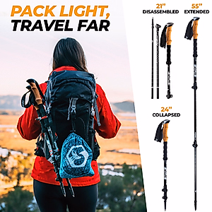 Foxelli Carbon Fiber Trekking Poles – Lightweight Collapsible Hiking Poles, Shock-Absorbent Walking Sticks with Natural Cork Grips, Flip Locks, 4 Season/All Terrain Accessories and Carry Bag