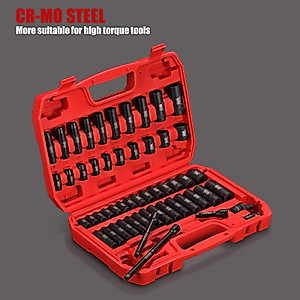 KBOISHA 1/4 Inch Drive Master Impact Socket Set, 53-Piece CR-MO Alloy Steel Socket Set SAE and Metric From 3/16 Inch - 9/16 Inch and 4mm - 15mm Standard and Deep Sockets with Heavy Duty Storage Case