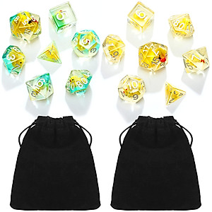 Kathfly 14 Die Rubber Ducks Dice, Resin Polyhedral Dice Set Filled with Animal, Ice Duck Dice Cool Rubber Ducks Dice Translucent Cute Playing Dice with 2 Black Pouches for Board Game, Green, Yellow