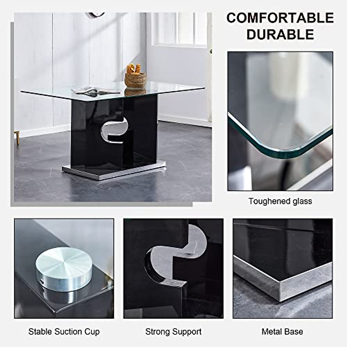 LFVFFA Glass Dining Table, Dining Table and Chairs Set,63" Glass Dining Room Table Set for 6-8，Modern Dining Room Furniture Set,for Dining Room，Kitchen (Double Black+63'', Single Table)