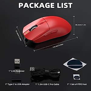 A.JAZZ AJ139 G Pro Wireless Gaming Mouse Ultra-Lightweight 59g with Dual Mode-Type C Wired/2.4Ghz USB Receiver up to 26000DPI 6 Programmable Button Ergonomic Symmetric for PS4 Xbox PC Mac Gamer(Red)
