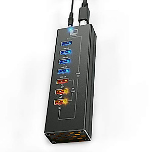 LATORICE Powered USB Hub - Multi-Port USB Hub with 7 USB 3.0 Ports, 3 Fast Charging USB 3 0 Ports, with Cords C and A, Power USB HUB Adapter
