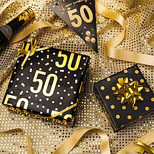 LeZakaa Reversible Wrapping Paper Roll - 50" Lettering Design with Metallic Foil in Black for Birthday, Wedding Anniversary - 17 inches x 32.8 Feet (46.45 sq.ft.)