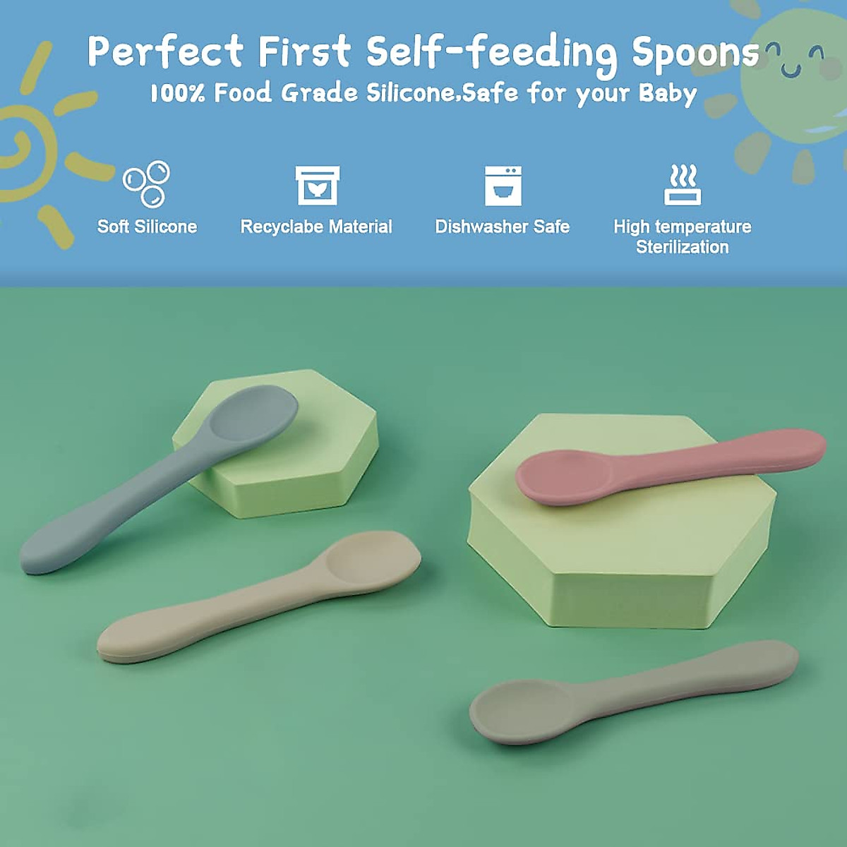 Vicloon Silicone Baby Feeding Spoons, 4 PCS Baby Spoons, First Stage Feeding Spoons for Infants, Silicone Baby Spoons Ultra-Durable & Chewproof, Silicone Feeding Spoons Dishwasher Safe,Baby Utensils