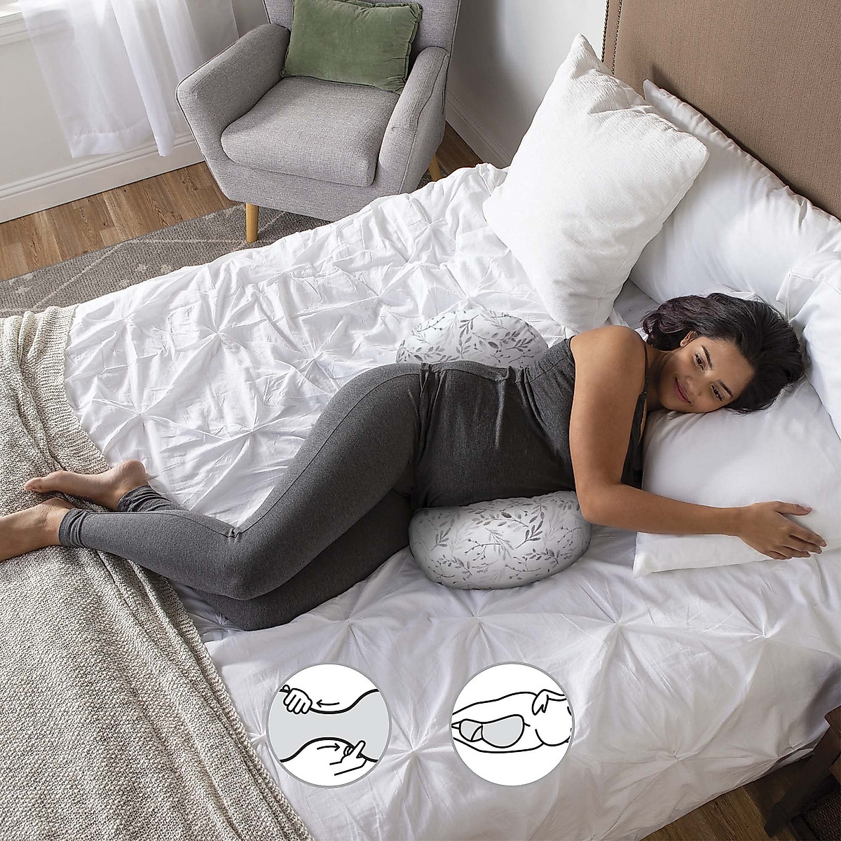 Boppy Side Sleeper Pregnancy Pillow with Removable Jersey Pillow Cover | Gray Falling Leaves | Compact, Stay-Put Design | Prenatal and Postnatal Positioning