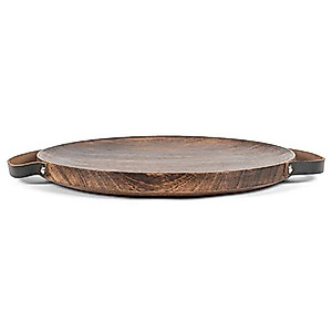 Round Natural Dark Finish 16 x 16 Mango Wood Round Tray With Leather Handles