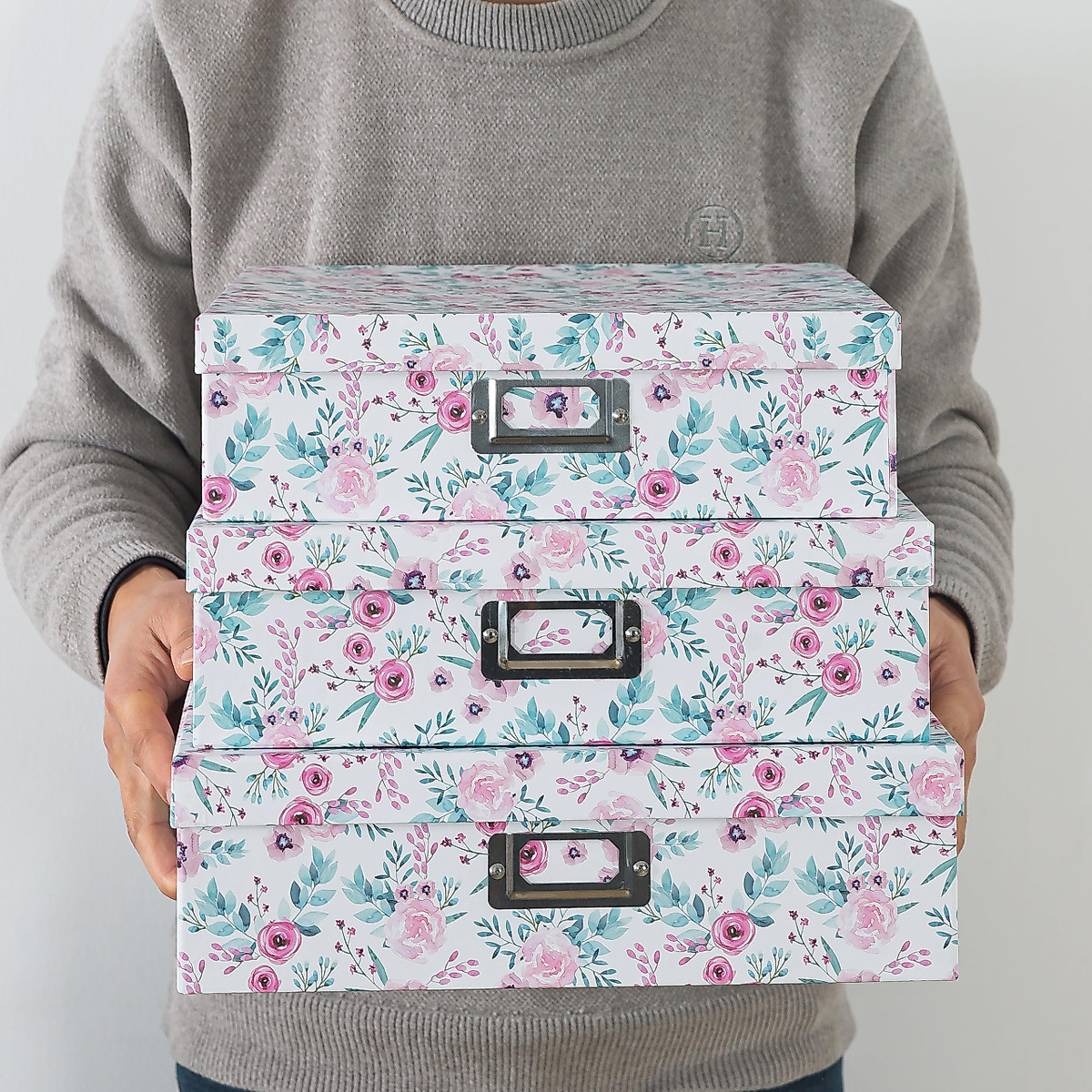 Soul & Lane Floral Decorative Storage Boxes With Lids - Set of 3: Pretty Archival Photo Storage Boxes, Letter and Document Box, Scrapbook Storage Box, Nesting Paperboard Keepsake Memory Boxes