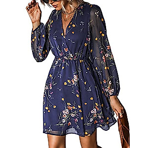 CUPSHE Women's Floral Print Chiffon A-Line Mini Dress Long Peasant Sleeves Elastic Autumn Dress,S