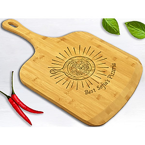 Personalized Bamboo Pizza Board with Handle Customized Wood Serving Cutting Pizza Board with Engraved Custom Name Monogram – Wedding, Anniversary, Housewarming, Birthday, Mom, Dad Gift