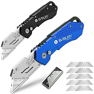 2 Pack BIBURY Utility Knife, Heavy Duty Folding Box Cutter, Pocket Carpet Knife with 20 Extra SK5 Stainless Steel Blades, Easy Release Button, Belt Clip, Quick Change, Blade Storage in Handle Design
