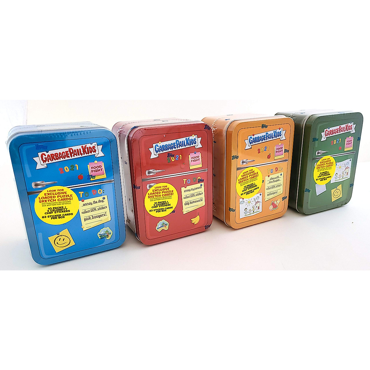 Garbage Pail Kids Topps Food Fight Blue, Green, Red & Orange Set of 4 Trading Card Collector Tins