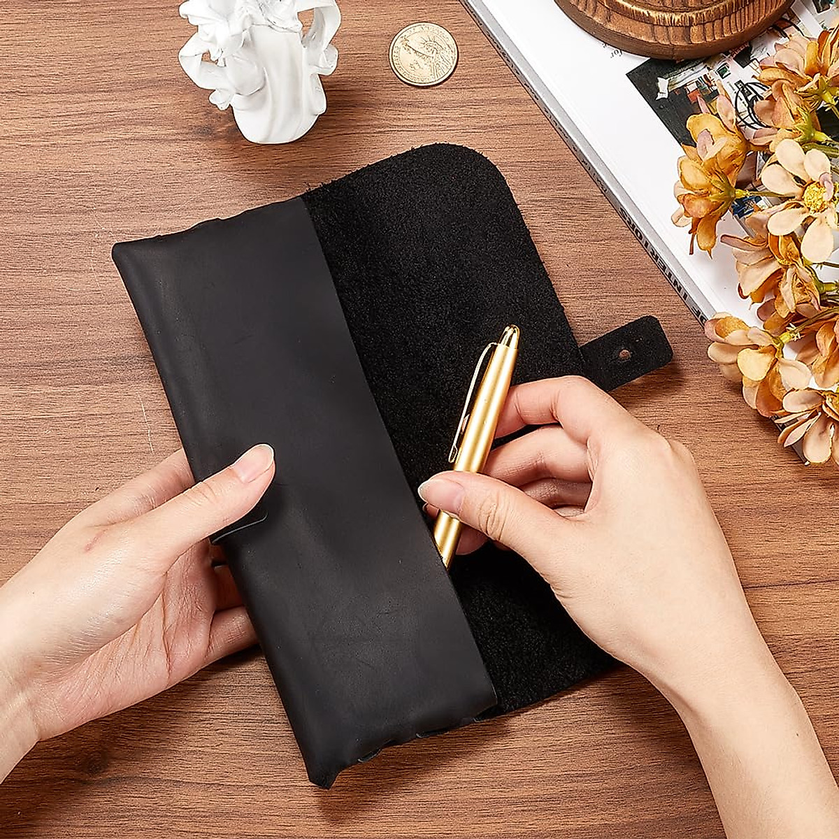 GORGECRAFT Retro Black Crazy Horse Leather Pencil Case Genuine Leather Snap Cover Pen Cases Large Capacity Leather Pencil Pouch Vintage Holders for Pen Pencils Men Women Glasses Sunglasses