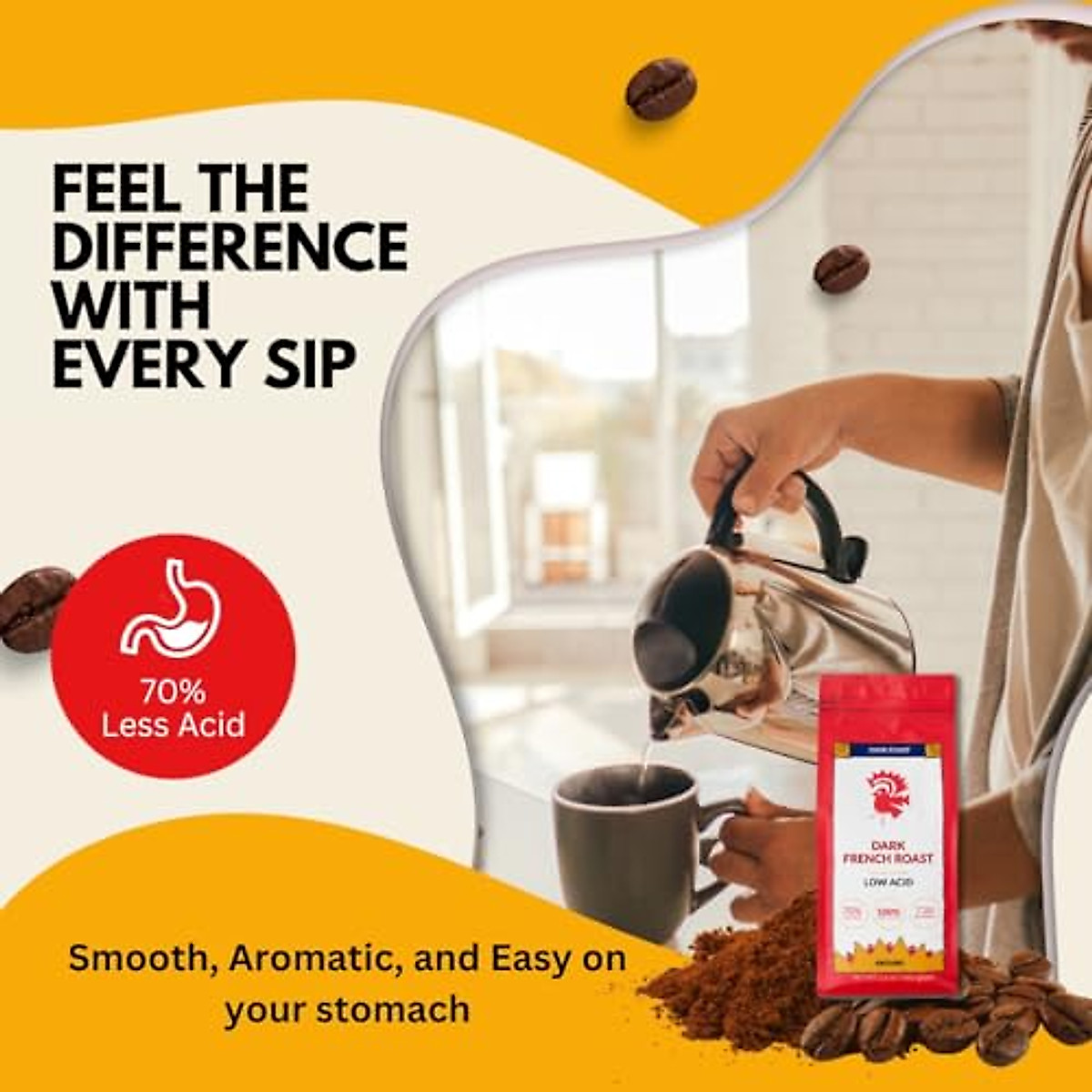 Puroast Low Acid Coffee , Ground Coffee , French Roast , Dark Roast , Certified Low Acid Coffee , pH 5.5+ , Gut Health , 2.2 LB , Higher Antioxidant , Smooth for Espresso, Cold Brew & Iced Coffee