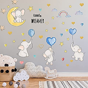 Colorful Balloon Flying Animals Wall Decals, Cute Elephant Love Hearts and Stars Wall Stickers, DILIBRA Removable Peel and Stick Cartoon Neutral Vinyl Wall Decor for Kids Nursery Bedroom Living Room