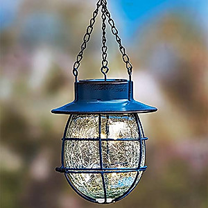 The Lakeside Collection Hanging Solar Country Crackle Lantern Light with Cage Design - Blue