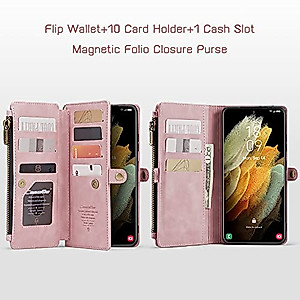 Defencase Galaxy S21 Ultra Wallet Case, PU Leather Magnetic Flip with Lanyard, Zipper Card Holder, Rose Pink