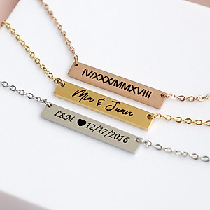 Personalized bar necklace for women, custom engraved stainless steel name plate necklace gift gold, silver and rose gold for mothers day, coordinates, dates, roman numeral, friendship, christmas