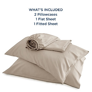 Bedsure Queen Sheets, Rayon Derived from Bamboo, Queen Cooling Sheet Set, Deep Pocket Up to 16", Breathable & Soft Bed Sheets, Hotel Luxury Silky Bedding Sheets & Pillowcases, Simply Taupe