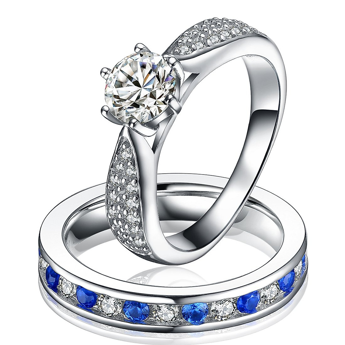 2 pc 925 Sterling Silver Blue Sapphire Engagement Wedding Ring Set (Size Women 8)