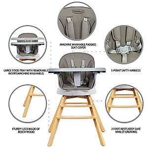 Bebehut 360° Swivel Baby High Chair for Infants and Toddlers, Solid Beech Wood Frame, Dishwasher Safe Tray & Tray Insert (Cappuccino)