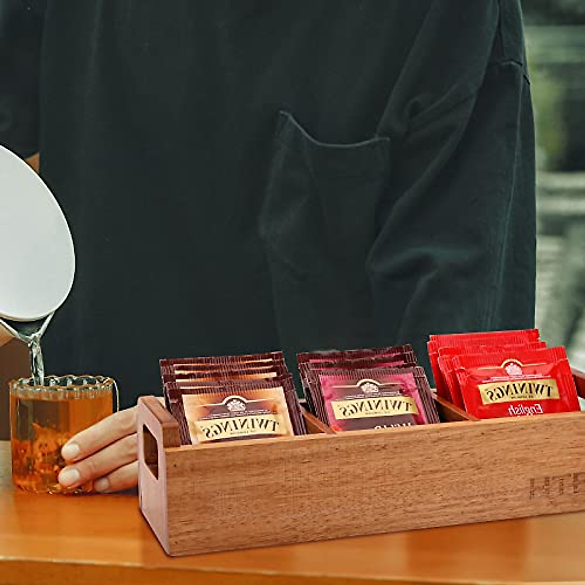 HTB Small Tea Bag Box Wooden, 3 Compartments Acacia Wood Tea Bag Chest with Handle, Mini Countertop Divided Storage Container for Beverage Supplies, Sugar, Sweeteners, Individual Packets