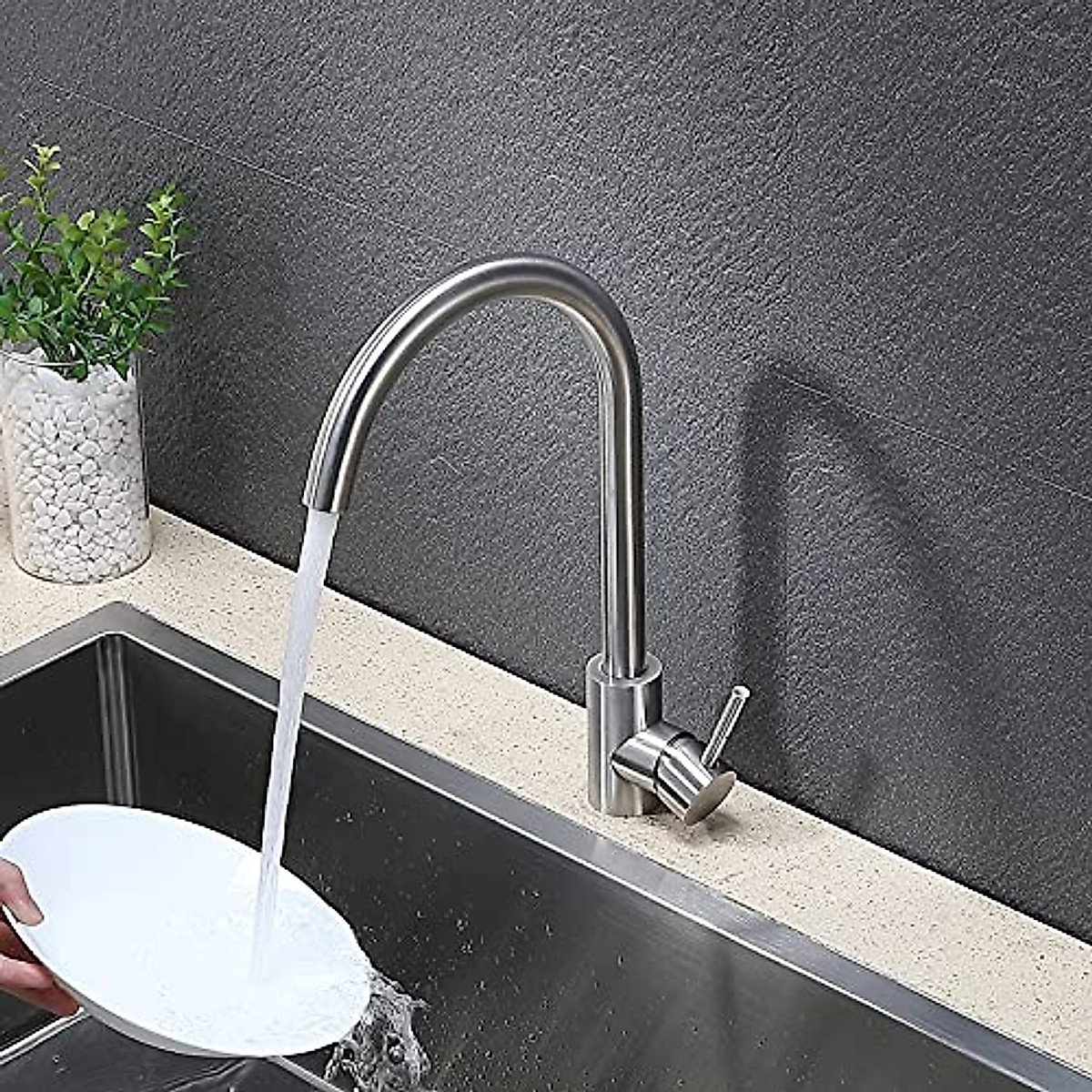 VAPSINT 360 Degree Swivel Modern Brushed Nickel Single Handle Bar Faucet, Small Rv Prep Bar Sink Faucet Bar Faucet for Kitchen Sink Single Hole with Hot & Cold Water Supply Hoses