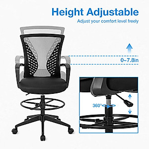 Drafting Chair Tall Office Chair Standing Desk Chair Adjustable Height with Arms Foot Rest Back Support Rolling Swivel Desk Chair Mesh Drafting Stool for Adults (Black)