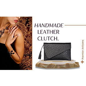 PREMIER ARTISANS - Black Textured Leather Evening Clutch - Handmade Clutch Purses For Women - Small Foldover Clutch Purse With Shoulder Strap - Formal Events Going Out - 11 x 2 x 7 Inches