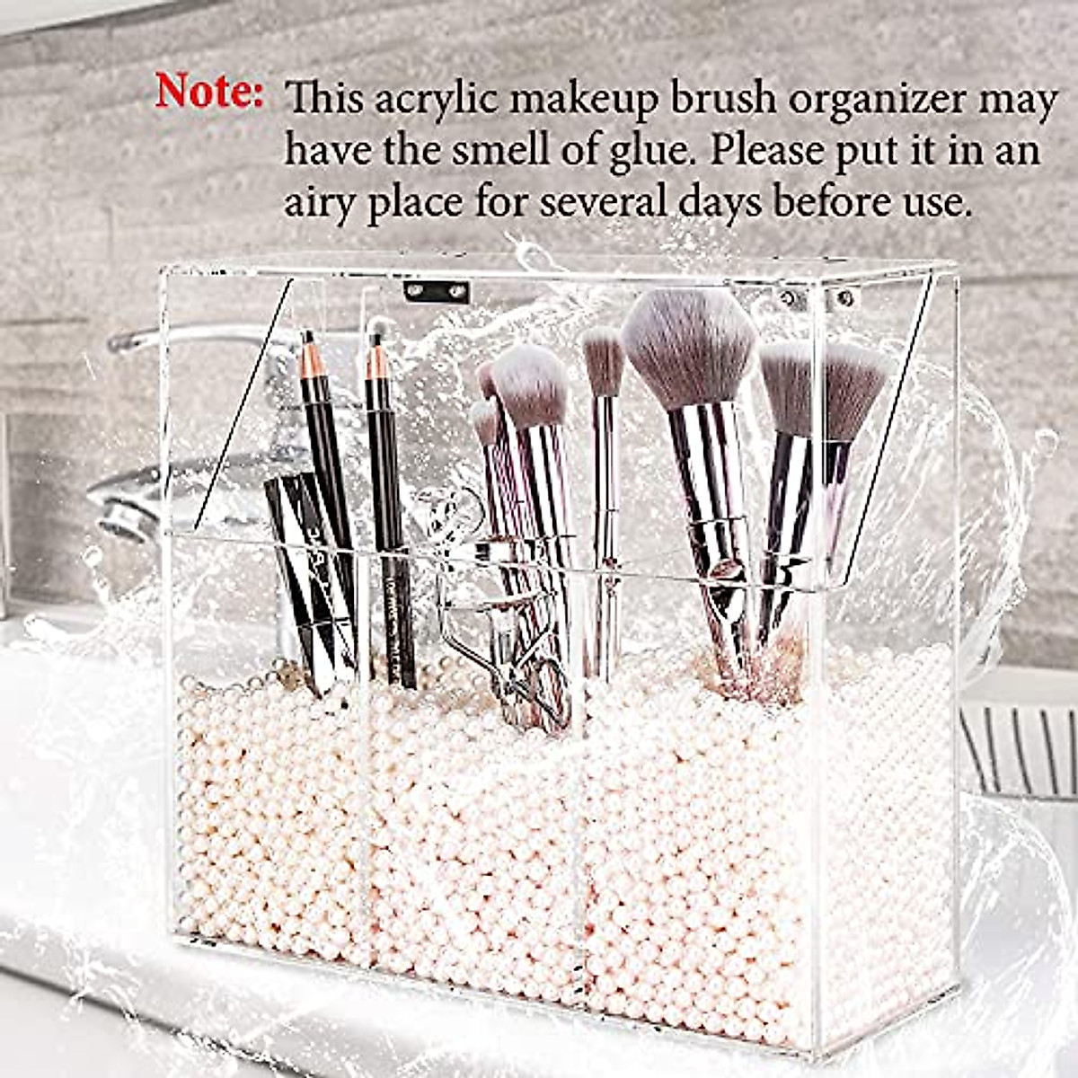 YestBuy Acrylic Makeup Brush Holder, Clear Makeup Brush Organizer For Vanity, Cosmetic Brush Storage Box with Pink Pearls, For Bathroom, Bedroom, Vanity Countertop
