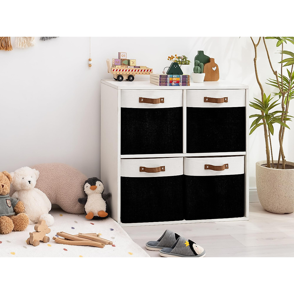 StorageWorks 13x13 Storage Cubes, Collapsible Storage Bins Organizer for Closet, Fabric Storage Box with PU Handles, Black and White, 4-Pack