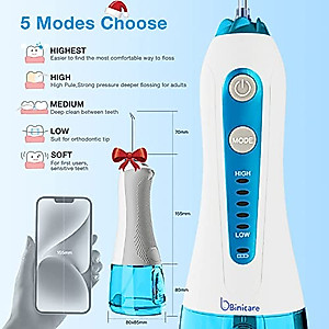 Binicare Water Flosser, Portable Oral Irrigator with 300ML Detachable Reservoir 5 Modes and 6 Jet Tips, Rechargeable & IPX7 Waterproof Water Flossers for Teeth Travel Home Office