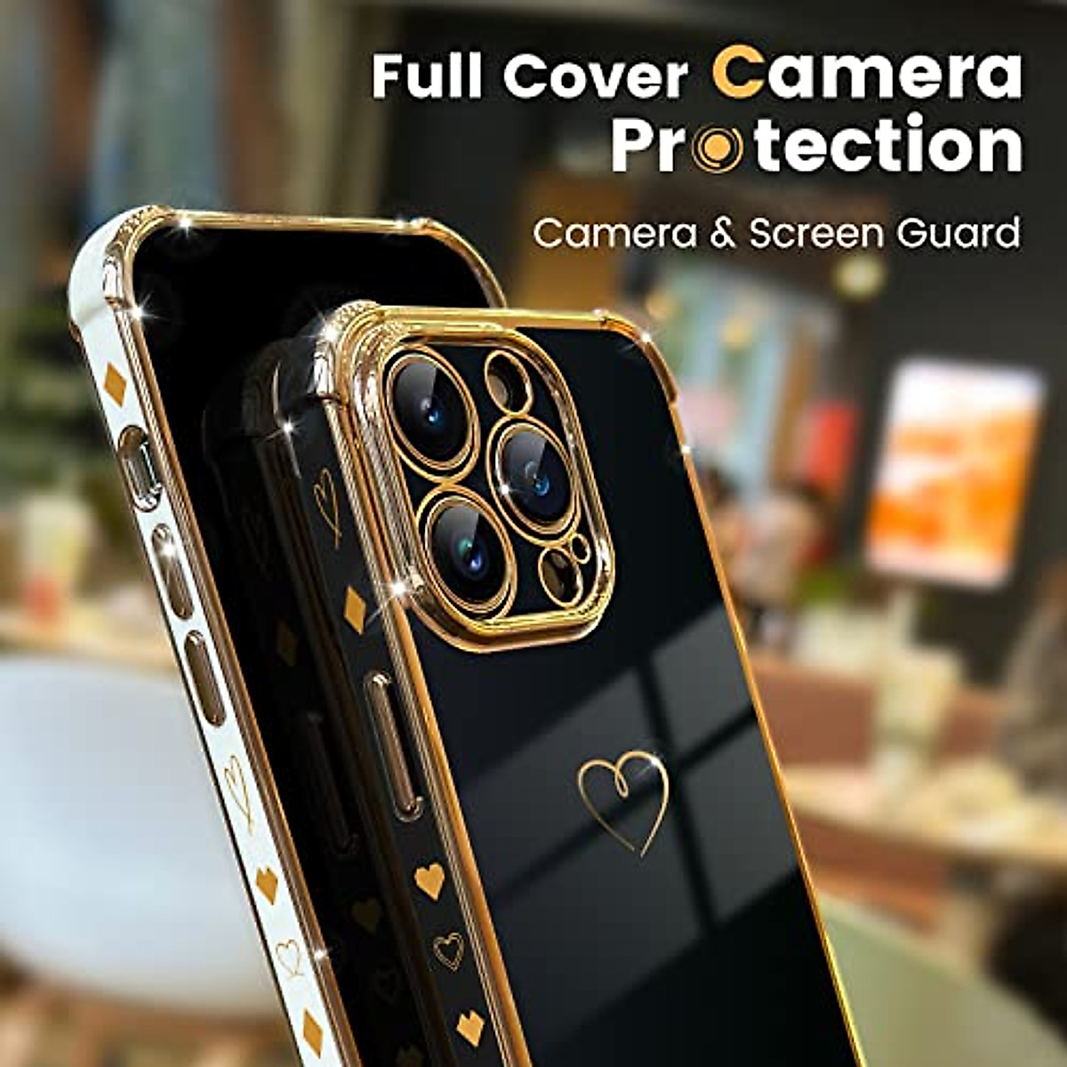 ICREEFUN for iPhone 14 Pro Case, Cute Love Heart Plating Luxury Phone Case for Women Girls, Full Camera Protection & Raised Corners Bumper Slim Shockproof Protective Phone Cover 6.1 Inch, Black