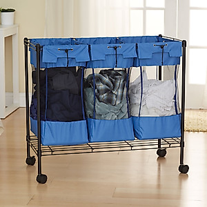 Household Essentials 7119 Rolling Triple Laundry Sorter on Wheels – Storage Organizer-  Black Steel Frame
