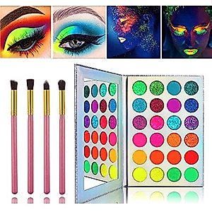 Kalolary Glow in the Dark Makeup, Neon Eyeshadow Glow Palette UV Glow Blacklight Matte and Glitter, 24 Colors Highly Pigmented Eyeshadow Kit with 4 Brushes for Valentine's Day Face Body Makeup