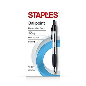 Staples Retractable Ballpoint Pen, Medium Point, 0.7mm, Black Ink, Dozen (50793)