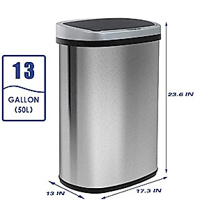 13 Gallon Stainless Steel Kitchen Trash Can with lid, Automatic Motion Sensor Garbage Trash Bin w/Toch-Free & Anti-Fingerprint Mute, for Home Office Bedroom, Powered by 4C Batteries (not Included)
