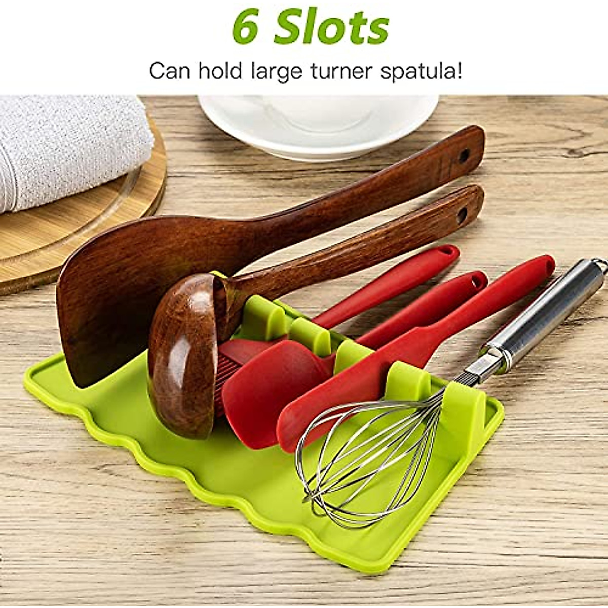 JINCAO 6 Slot Silicone Kitchen Utensil Rest with Widen Drip Pad for Multiple Utensils, Anti-slip Heat Resistant BPA-Free Rest Holder, Grill Utensil Rest, Upgraded Spoon Holder for Stove Top (Green)