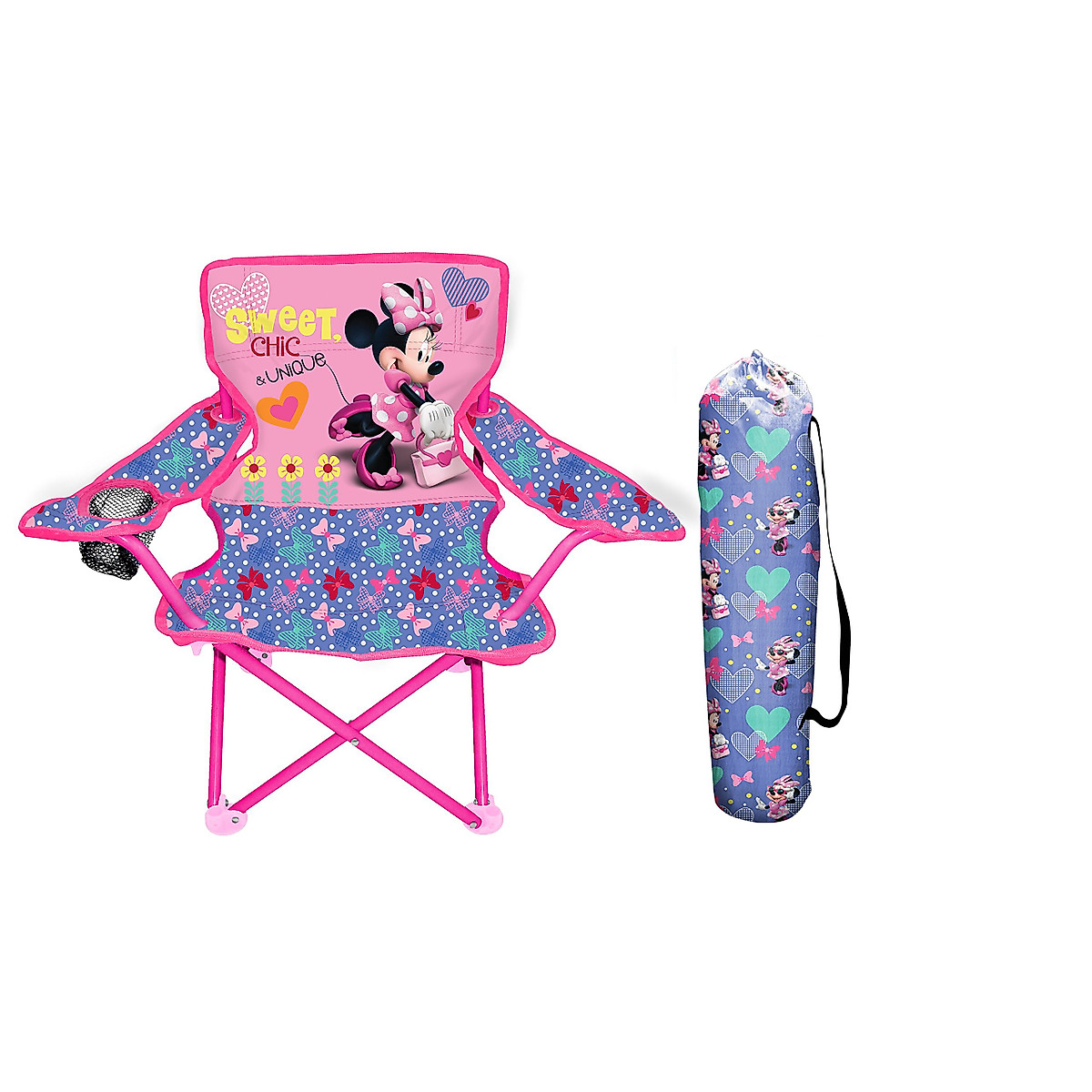 JAKKS Pacific Minnie Camp Chair for Kids, Portable Camping Fold N Go Chair with Carry Bag, Minnie - Bows